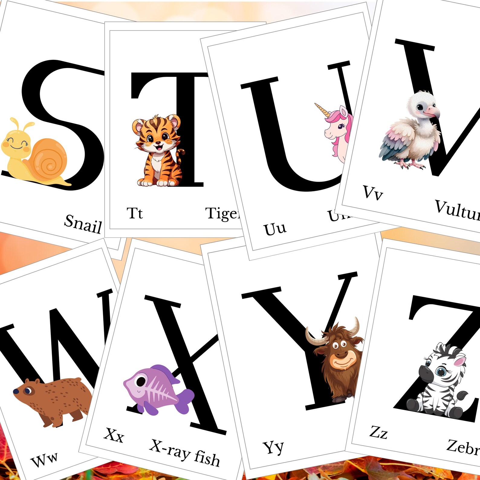 Printable Animal ABC Flashcards for Kids Educational Alphabet Flash Cards 26 Cute Animal Designs ...