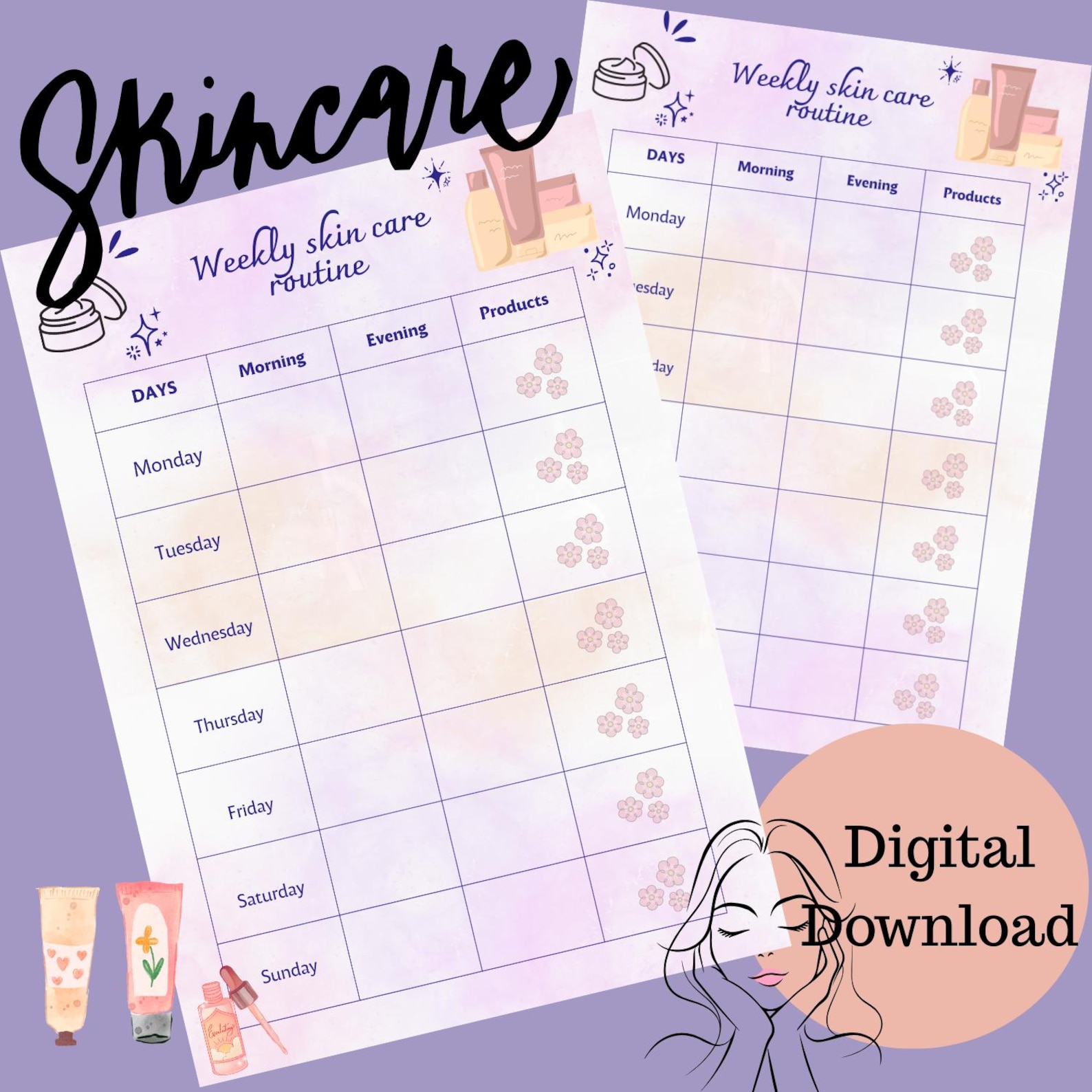 Skincare Routine Tracker: Self Care Digital Planner (PDF Downloadable ...