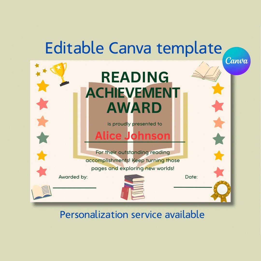 Editable Reading Certificate Template: Student Award (canva, Digital ...