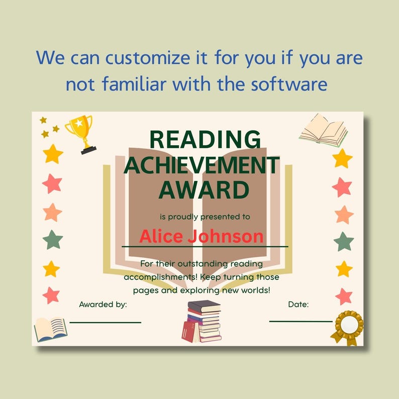 Editable Reading Certificate Template: Student Award (canva, Digital ...
