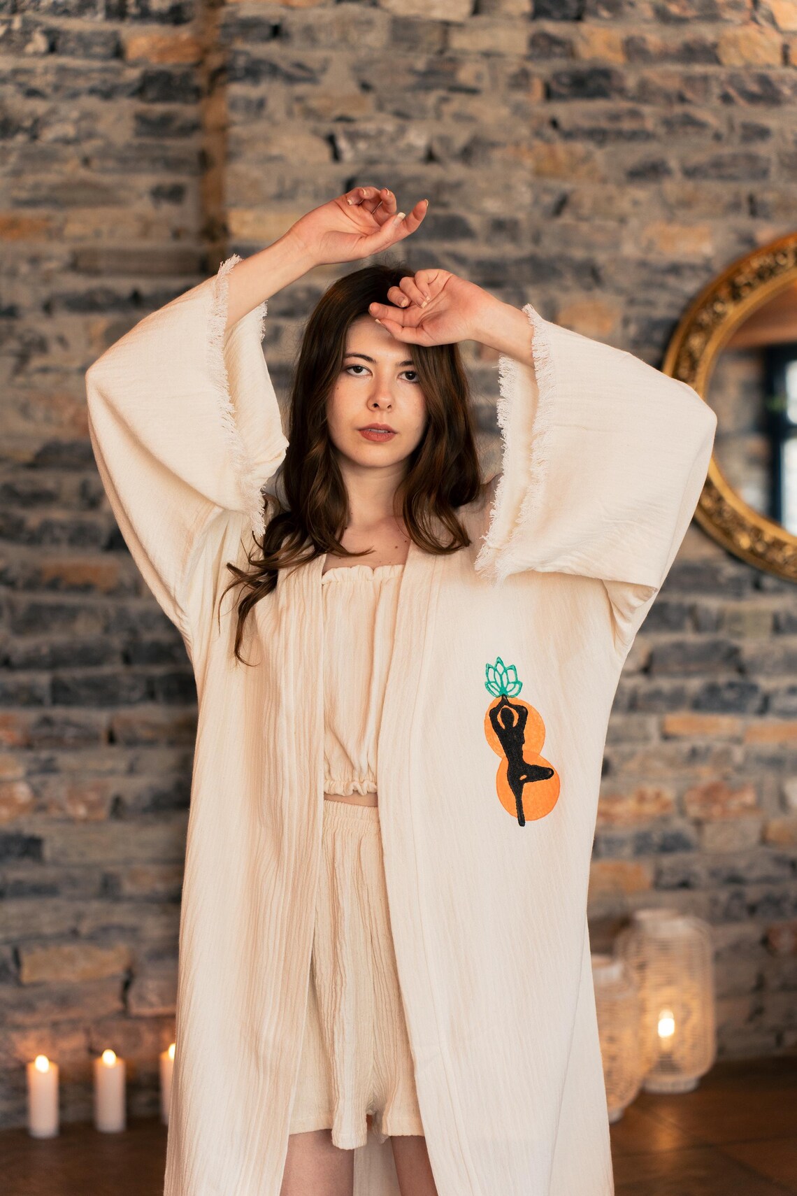 Ecru Tree & Sun Yoga Flow Kimono Robe - Rooted Flow Spirit, Balance ...