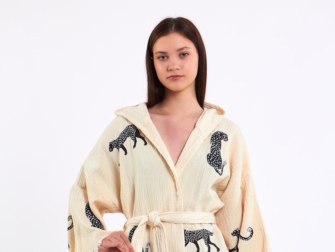 Beige Tiger Motif Hooded Kimono Robe - Short Boho Wear, Fathers Day ...