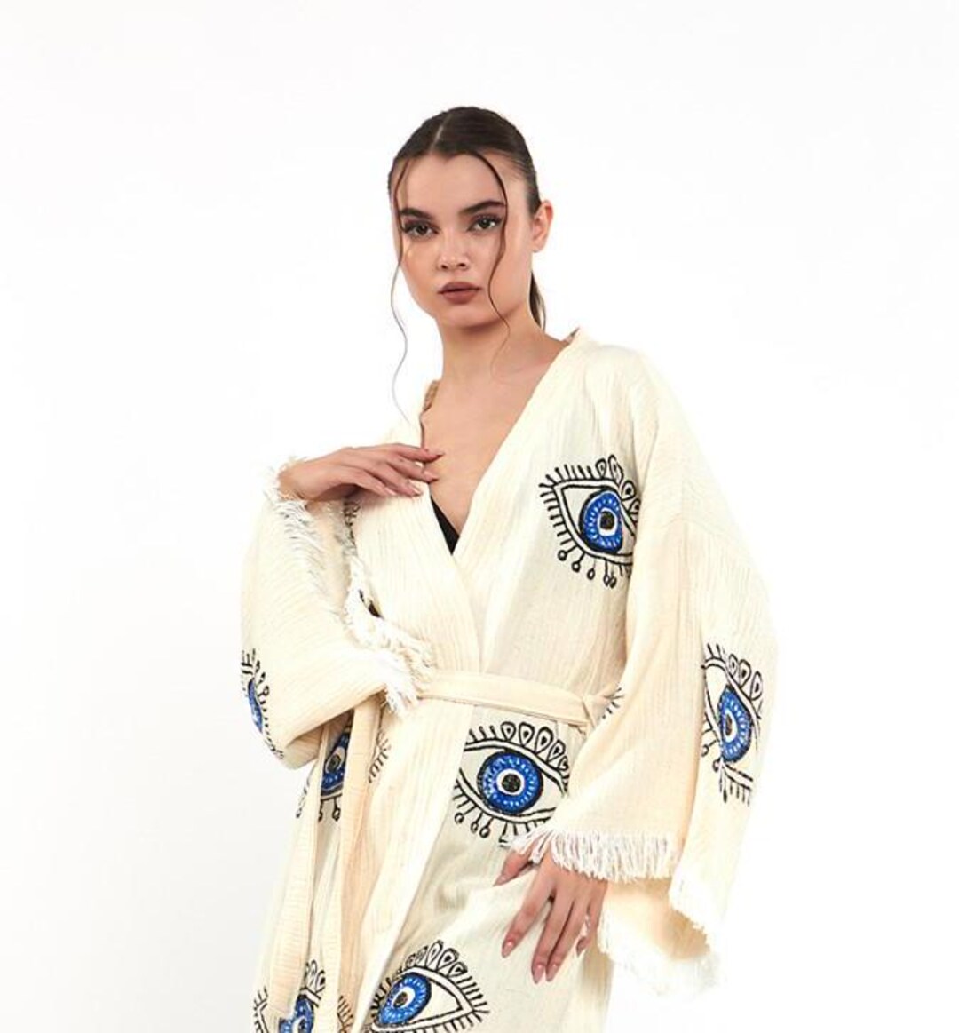 Beige Evil Eye Kimono Robe - Oversize Handmade Boh Robe, Gift for Her ...