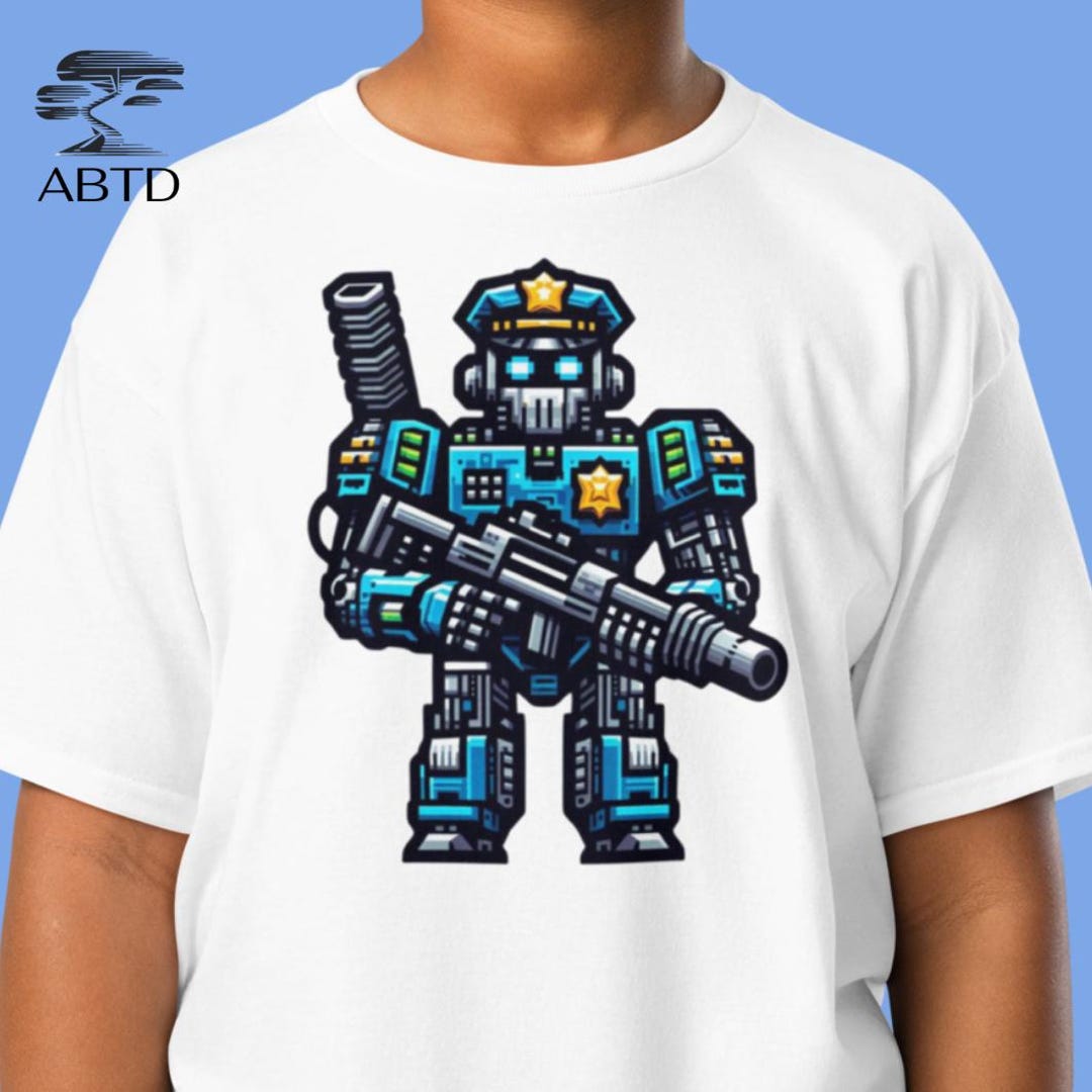 Blue Mecha Officer Tee Kids Robot T-shirt 8-bit Police Graphic ...