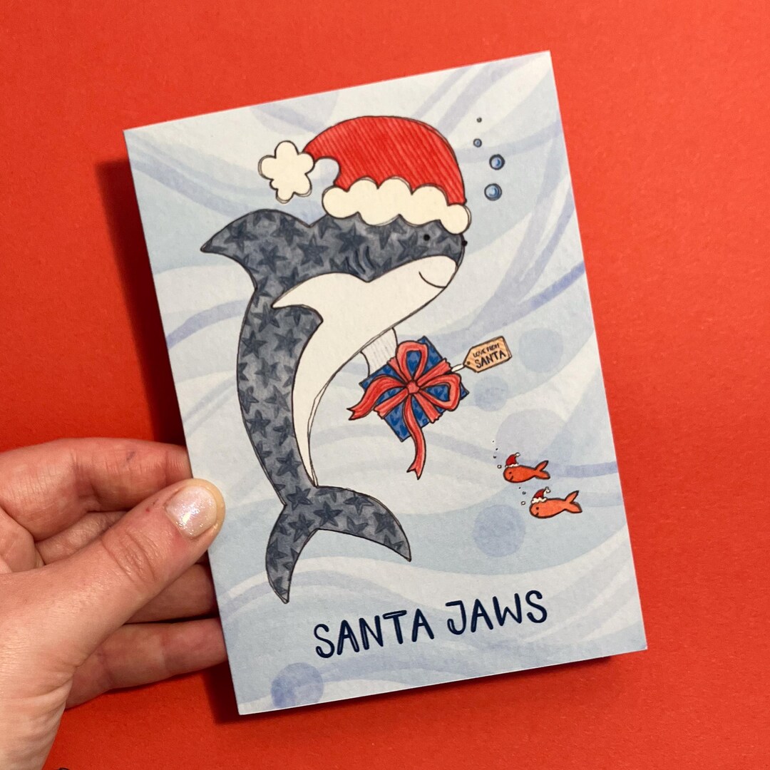 Santa Jaws Punny Christmas Card | Watercolour Holiday Illustration | A6 ...