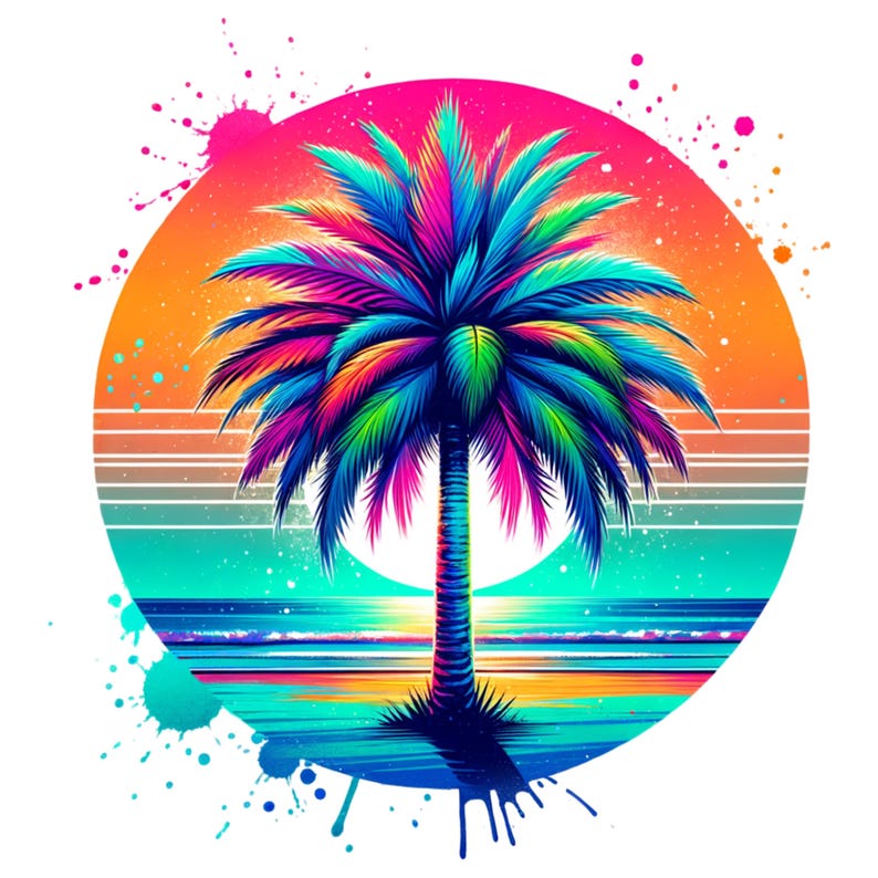 Tropical Palmtree PNG, Sublimation Design, Colorful Neon Clipart, Summer Digital Image, Trendy ...