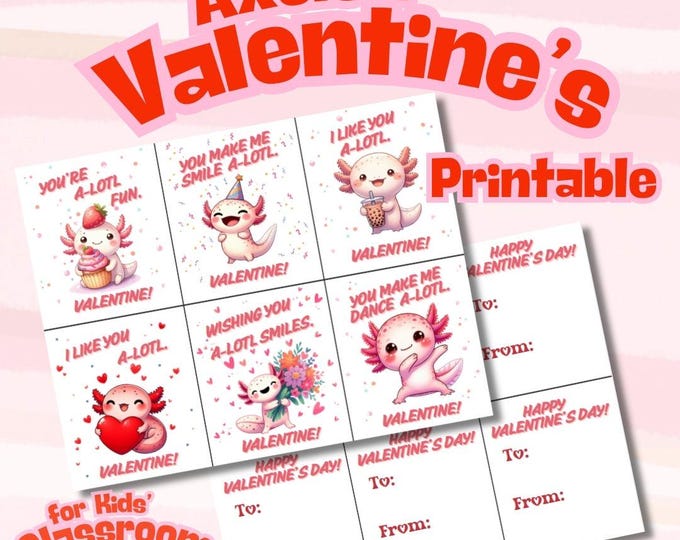 Axolotl Valentine’s Day Printable Cards for Kids, Printable Valentines ...