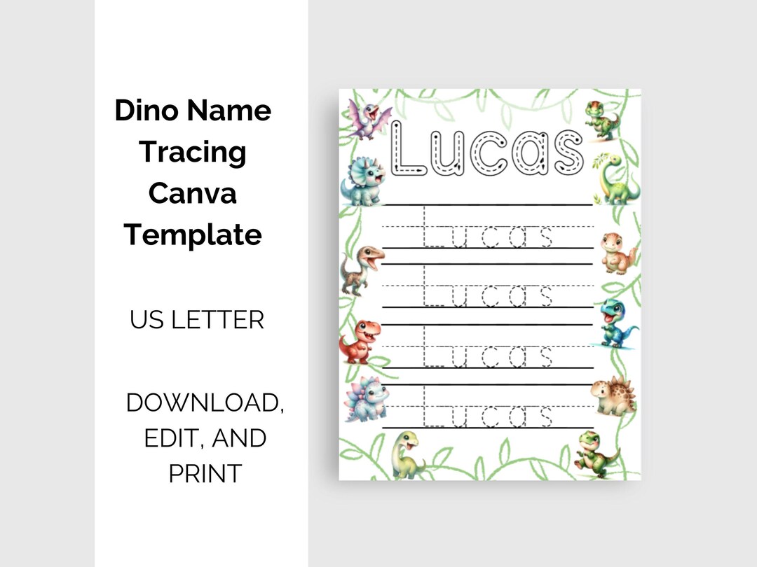 Editable Name Tracing Canva Template Dinosaur Themed - Etsy