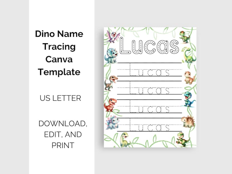 Editable Name Tracing Canva Template Dinosaur Themed - Etsy