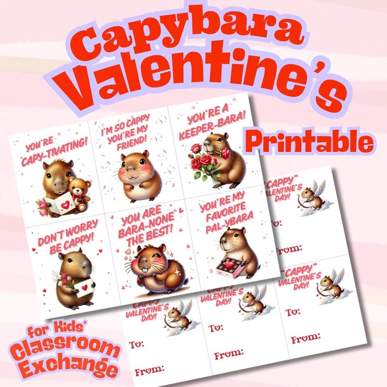 Capybara Valentine's Day Cards, Printable Classroom Exchange for Kids ...