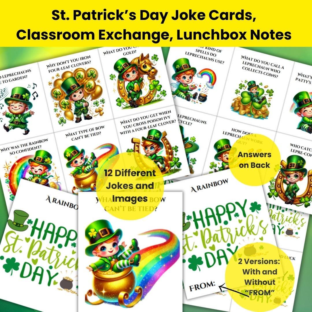 Printable St Patty's Day Classroom Cards, St Patrick's Day Jokes for ...