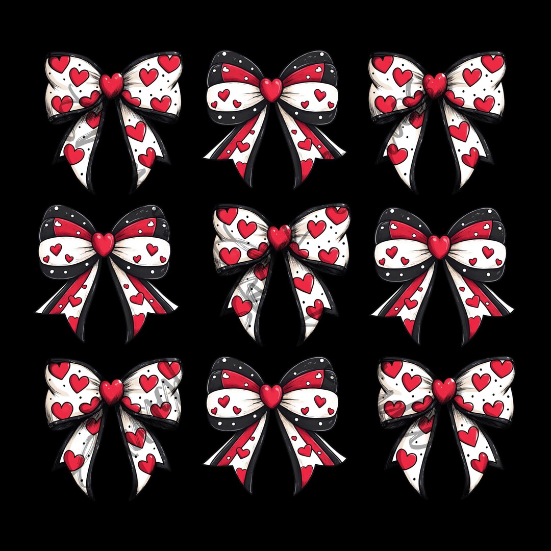Heart Bow Clipart Pack - Black, White, and Red Digital Download ...