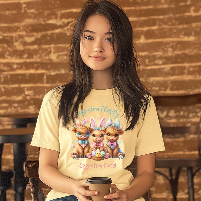 Egg-stra Fluffy T-shirt, Cute Highland Cow Tee, Cute Animal Tee, Spring ...