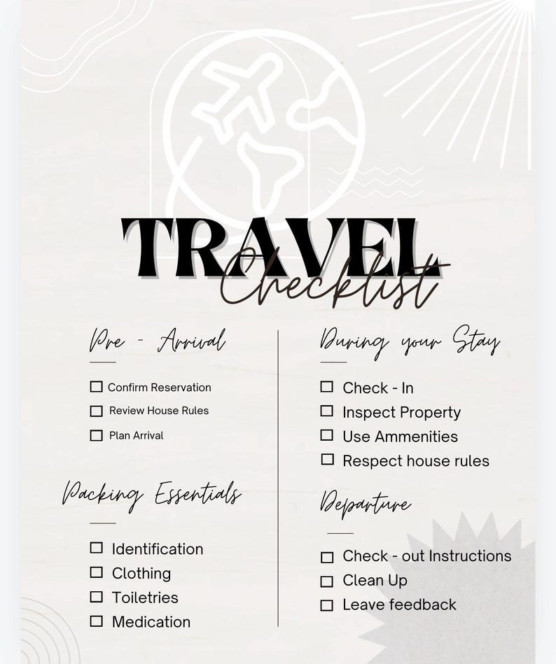 Travel Checklist - ABNB VRBO Hotel - Editable - Etsy