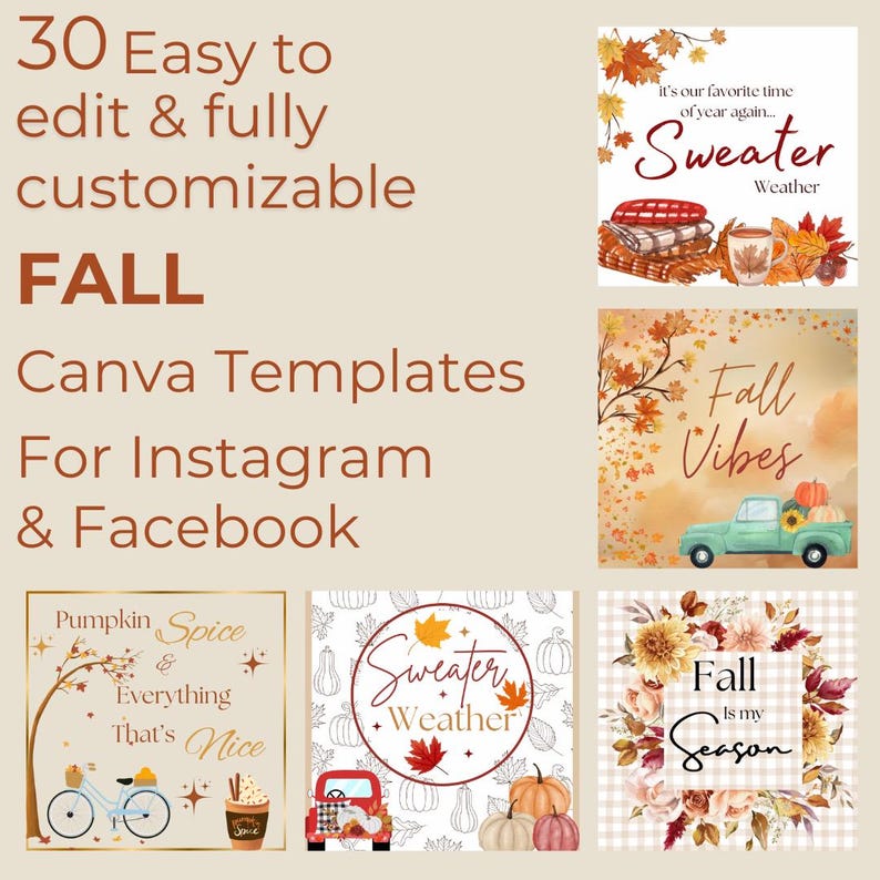 Fall Instagram Post Templates - Canva Editable - Fall Autumn November ...