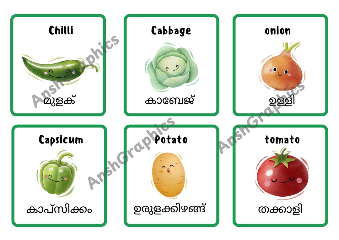 Vegetables in Malayalam Flashcards Printable - Etsy