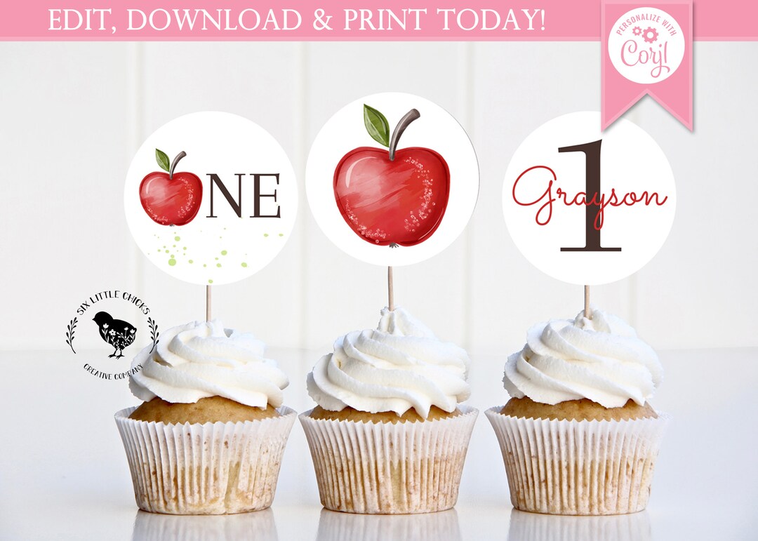 Apple First Birthday Cupcake Toppers - Instant Download - Etsy