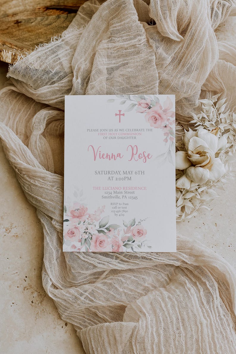 Pink Floral First Holy Communion Poster, Baptism Invitation - Instant ...