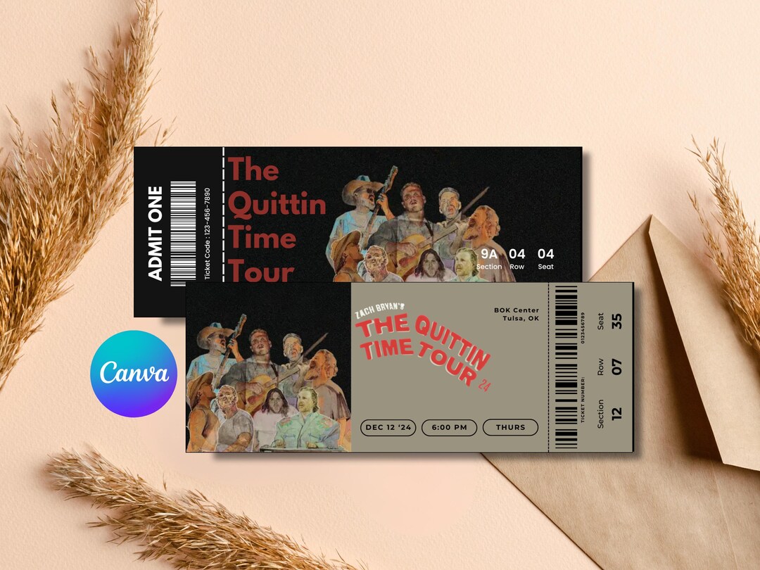 Customizable Zach Bryan the Quittin Time Tour Ticket Template Canva ...
