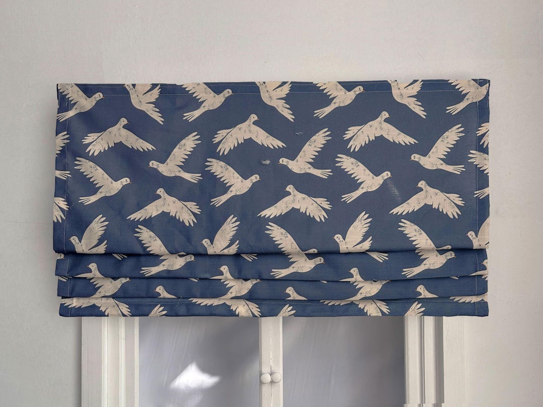 Navy Faux fake Flat Roman Shades, Dove Patterned Valance, Custom Window ...