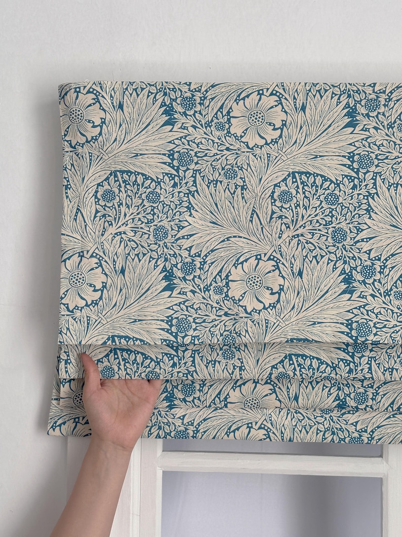 Beige Floral Pattern Linen Faux Roman Shades, Blue Valance, Custom ...