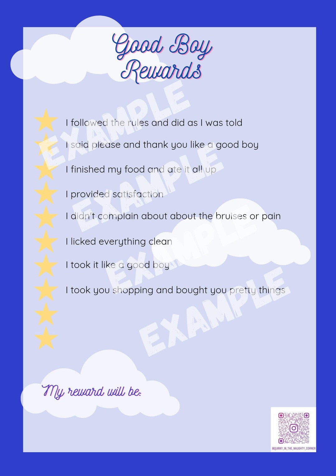 Good Boy Reward Chart/ BDSM Sub Accessories/ Personalised Adult Reward ...