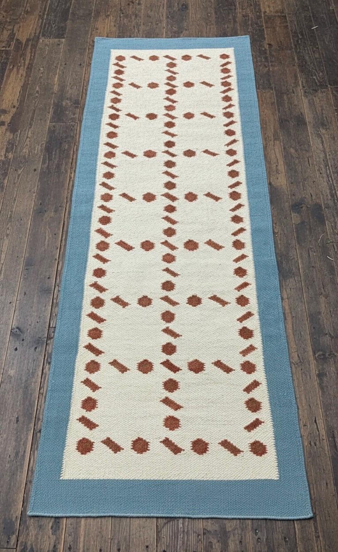 Handwoven Wool Kilim Runner Rug – Blue, Ivory, Brown Geometric ...