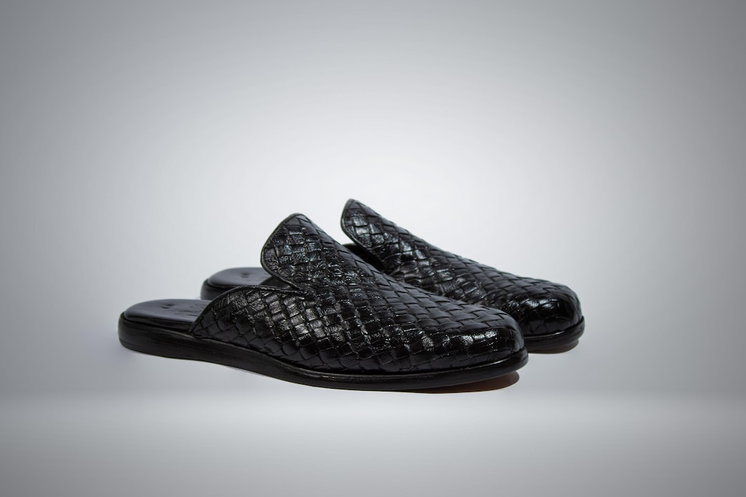 Handmade Black Leather Mules for Men: Woven Calfskin, Sheepskin Lined ...