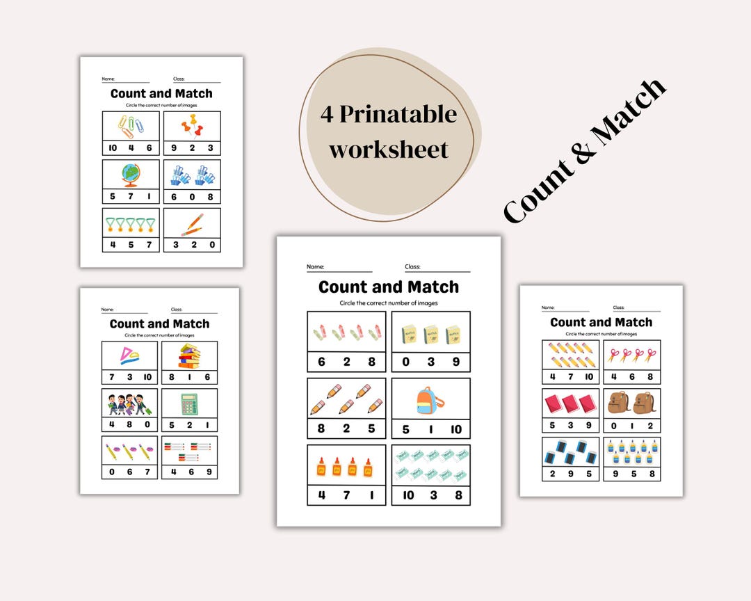 Math Worksheets for Kindergarten, Numbers Count & Match(1-10), Number ...
