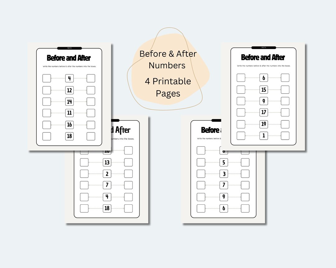 Math Worksheets for Kindergarten, Numbers Before, After & Between (1-20 ...