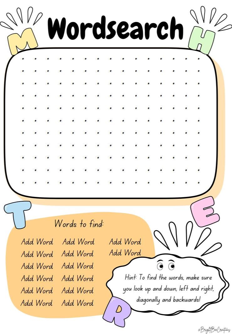 Wordsearch Editable Template - Etsy
