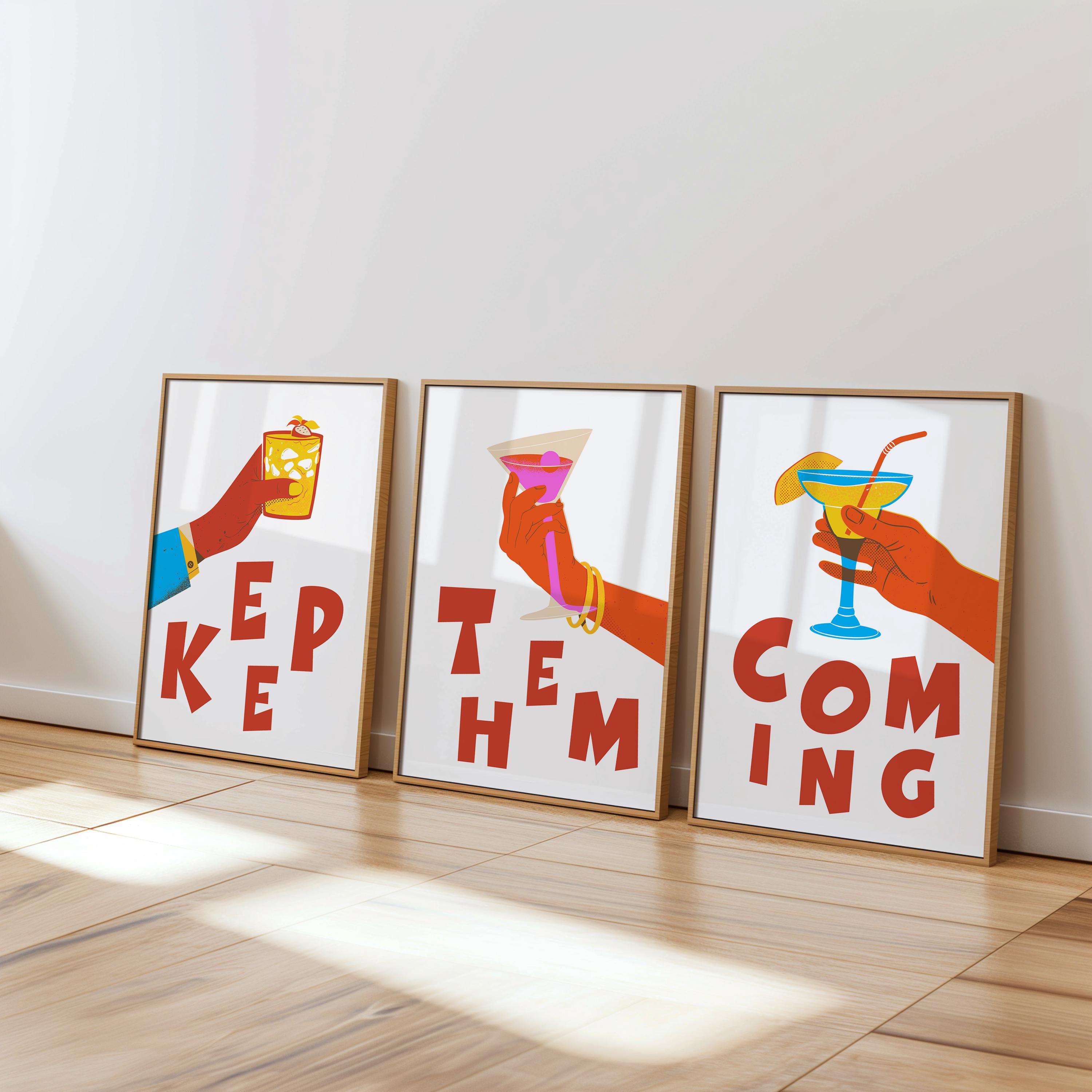 Keep Them Coming Cocktail Wall Art Set – Fun Bar Prints, Colorful Drink ...