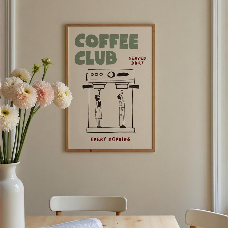 Retro Coffee Machine Wall Art | Hand Drawn Coffee Print in Linen Green ...