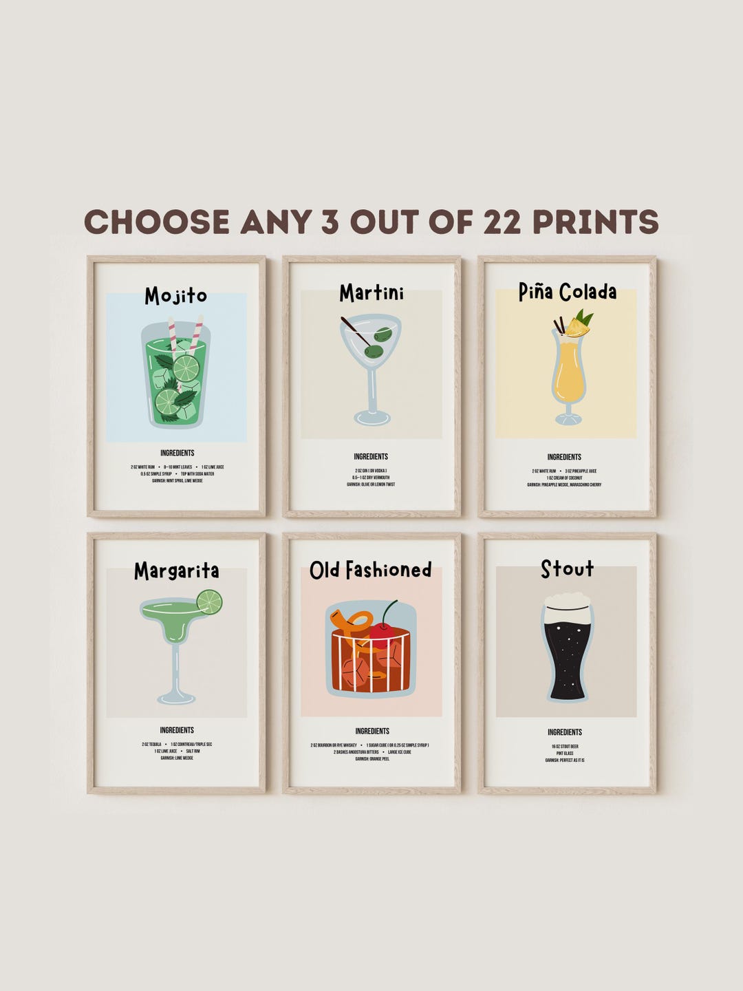 Cocktail Recipe Posters, Choose Any 3 Prints, Bar Cart Wall Art Decor ...