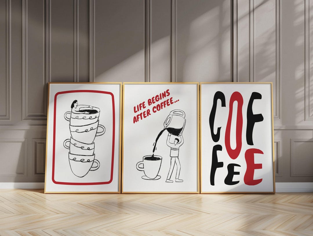 Coffee Prints Set of 3, Minimalist Coffee Wall Art, Kitchen and Cafe ...