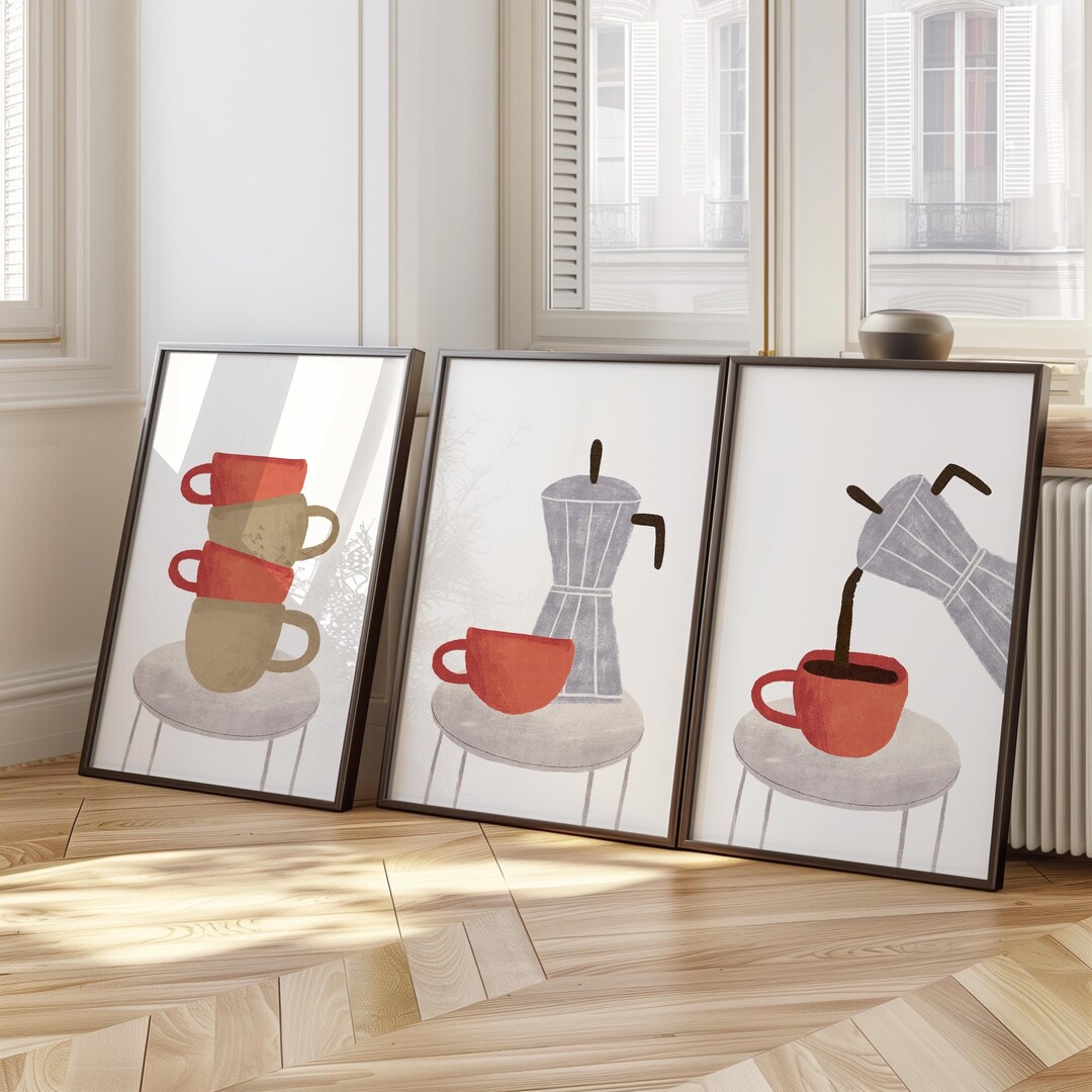 Set of 3 Coffee Print, Trendy Cafe Wall Art, Hand-drawn Kitchen Coffee ...