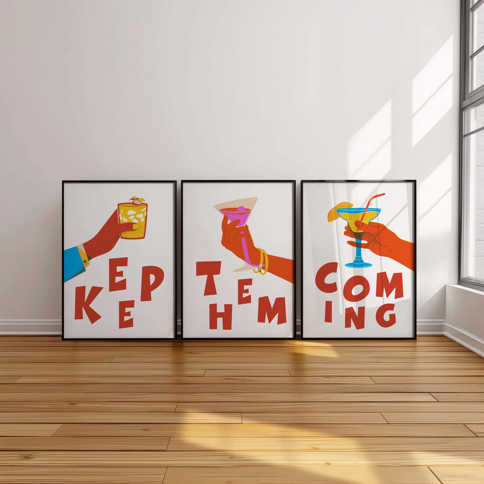 Keep Them Coming Cocktail Wall Art Set – Fun Bar Prints, Colorful Drink ...