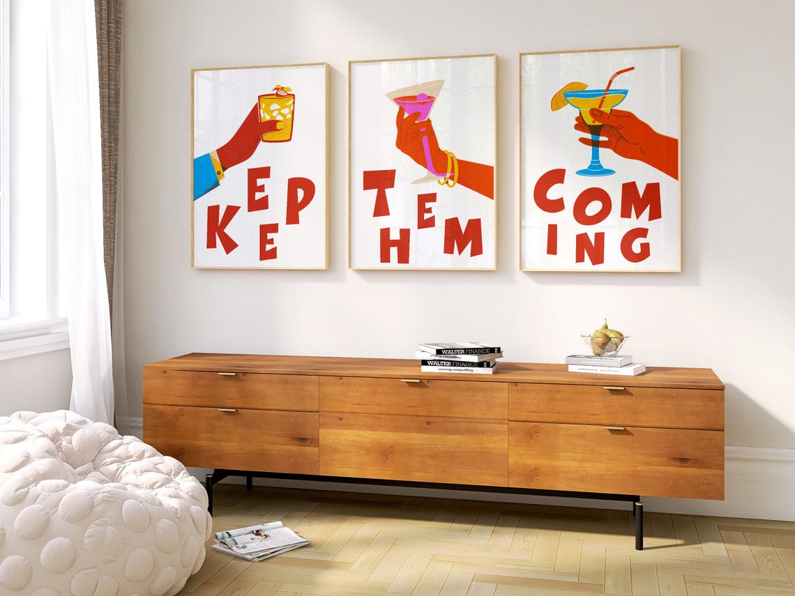 Keep Them Coming Cocktail Wall Art Set – Fun Bar Prints, Colorful Drink ...