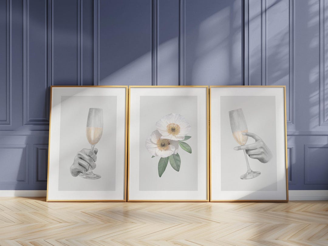 Champagne Wall Art Prints Set of 3, Floral Bar Posters, Modern Kitchen ...