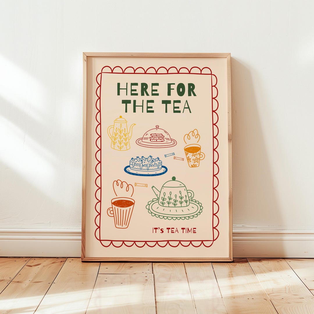 Kitchen Wall Art, Retro Tea Poster, Funny Dessert Print, Whimsical Mid ...