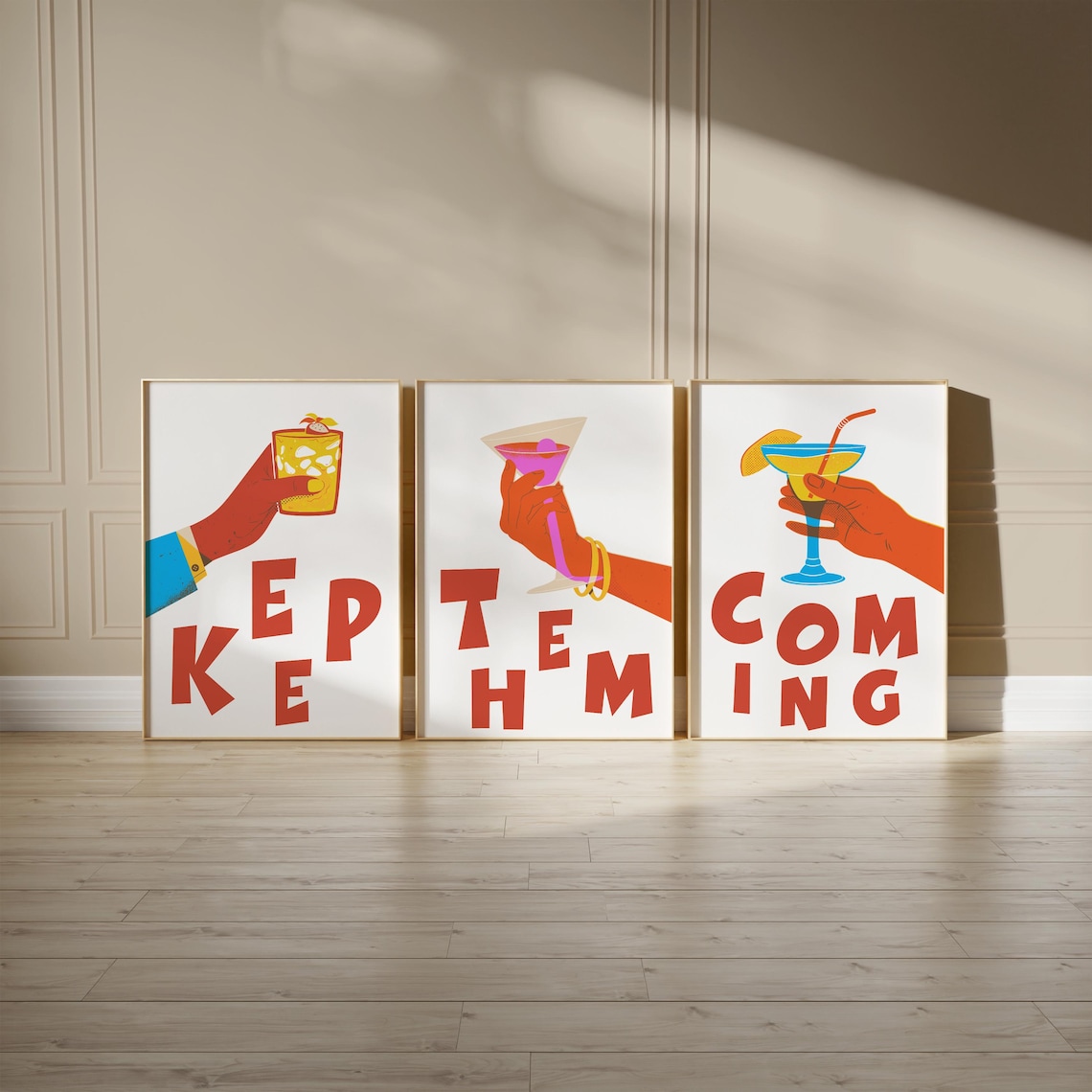 Keep Them Coming Cocktail Wall Art Set – Fun Bar Prints, Colorful Drink ...