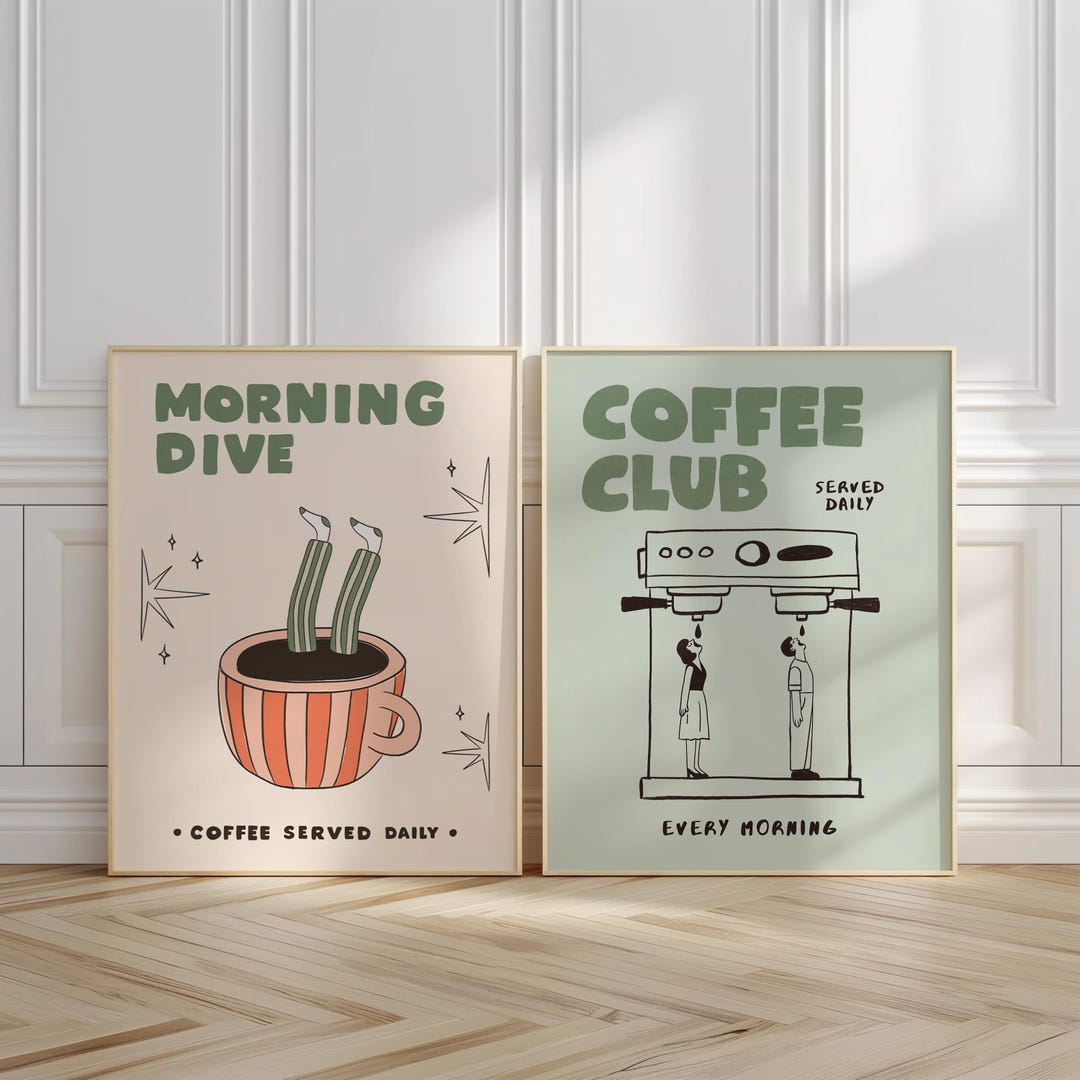 Coffee Bar Decor Set of 2 Posters, Espresso Print, Retro Kitchen Art ...