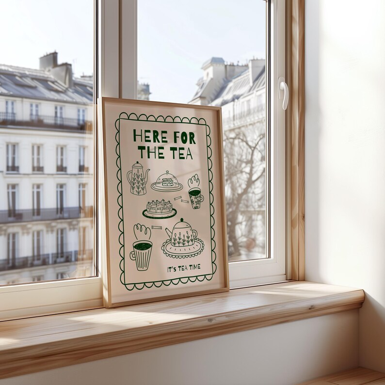 Kitchen Wall Art, Retro Tea Poster, Funny Dessert Print, Whimsical Mid ...