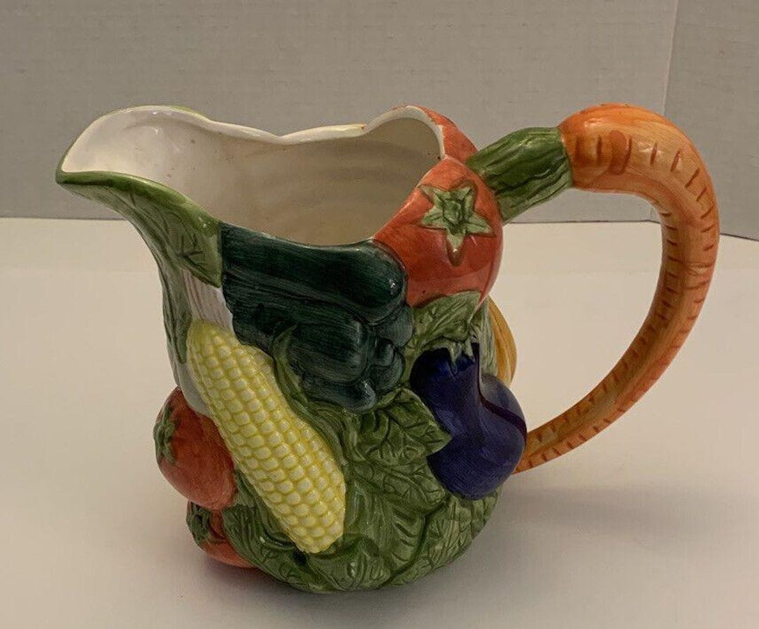 Vegetable Pitcher Vtg Pottery Hand Painted Corn Lettuce Carrot Tomato ...