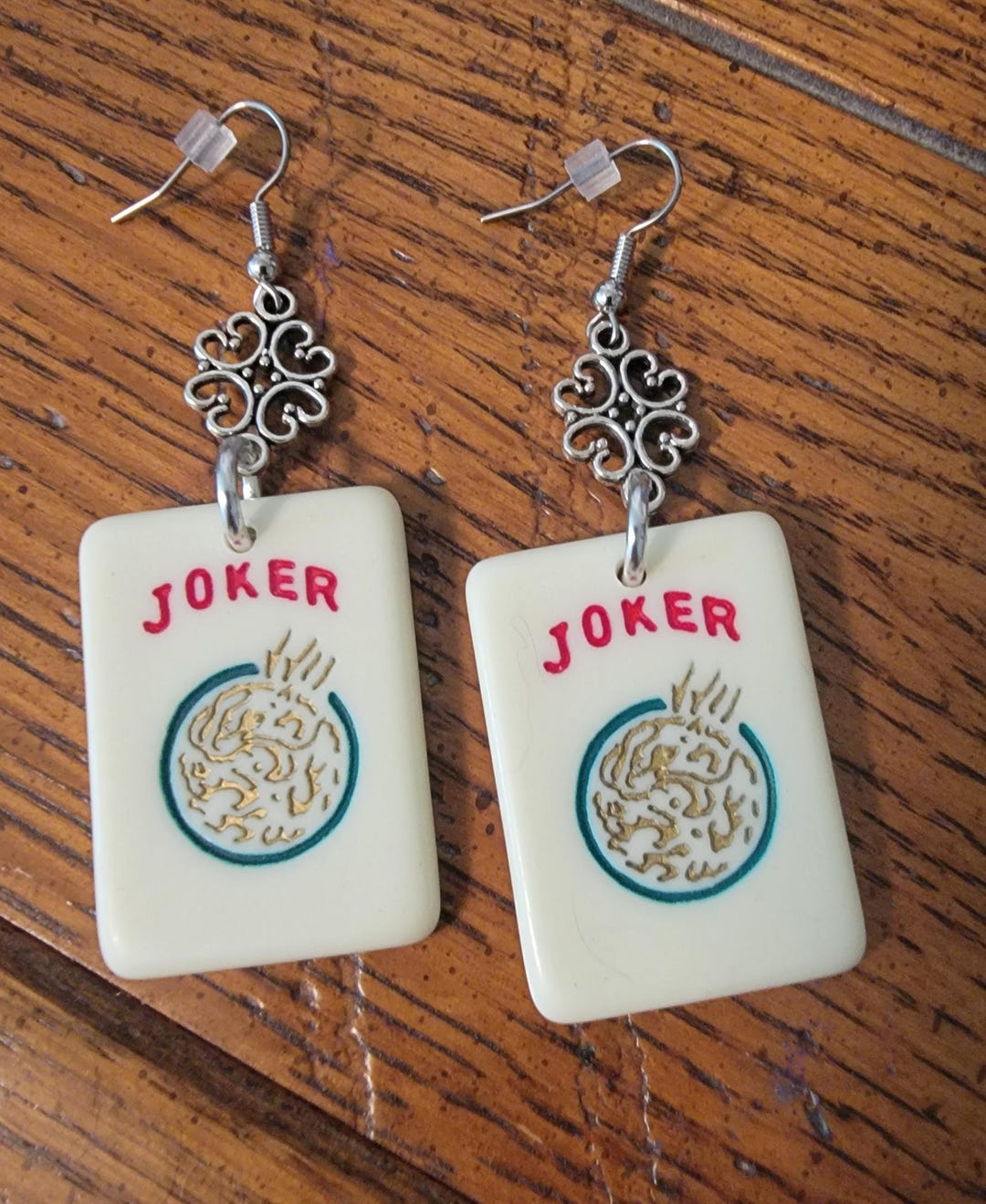 Mahjong Joker Tile Earrings With Scroll Connector in Silver Tone ...