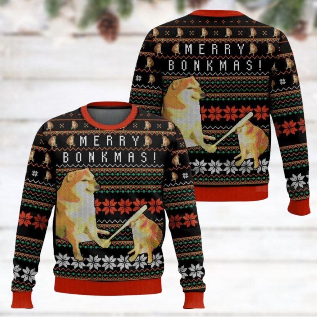 Bonkmas Cheems Doge Meme Ugly Christmas Sweater, Dog Chrismas Ugly ...