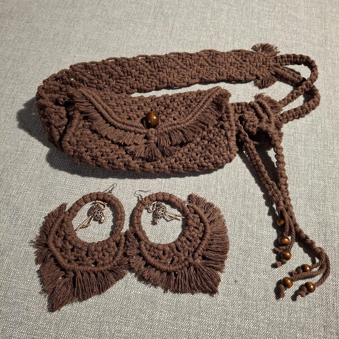 Exclusive Handmade Macrame Set: Belt Bag and Earrings. Boho Elegance ...
