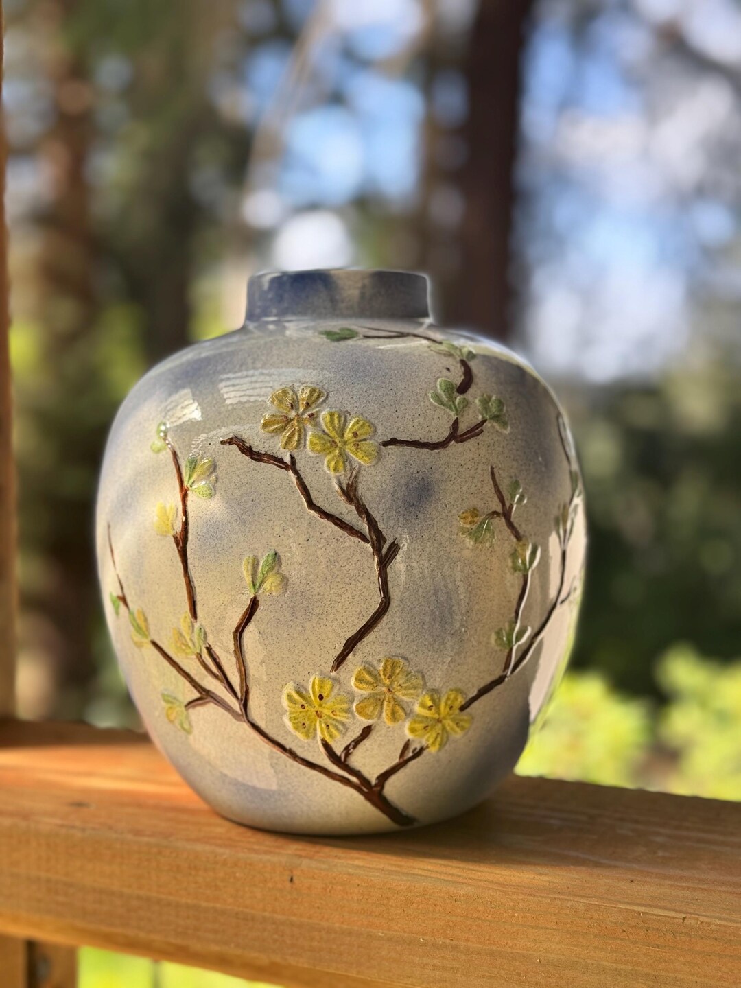 Large Round Ceramic Spring Vase, Hand Painted Cherry Blossom or Spring ...