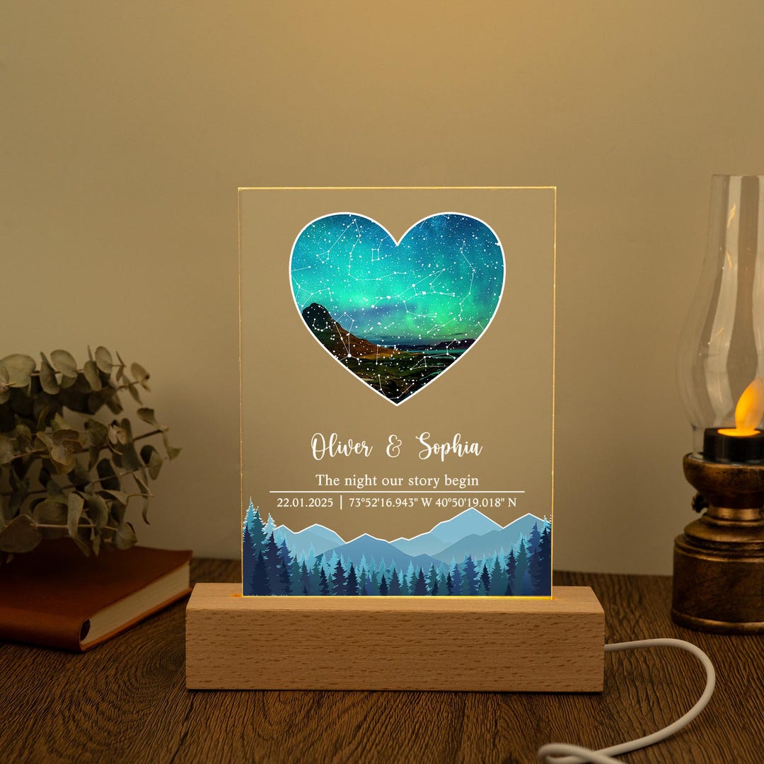 Personalized Star Map Led Light Wooden Base, Custom Star Map Night ...