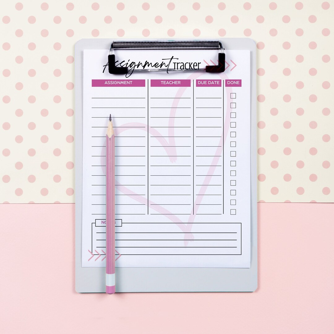 Student Homework and Assignment Tracker - Pink Hearts Printable ...
